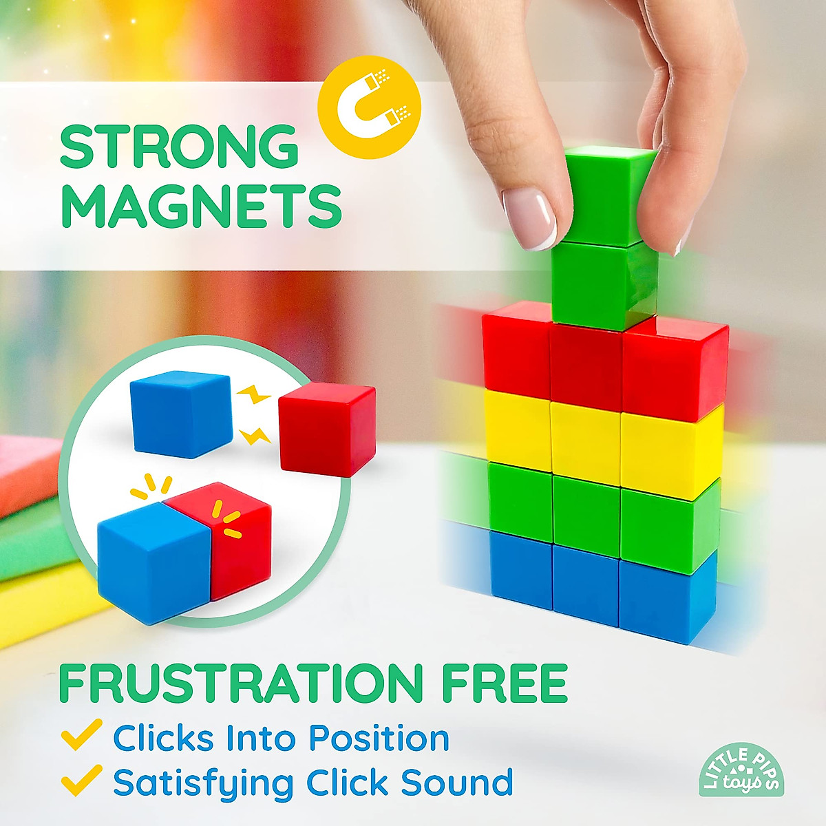 LITTLE PIPS TOYS 50PCS Magnetic Blocks for Kids [Ages 3–6] – 3D Magnetic Building Blocks Set with Child-Safe Magnetic Cubes & Eye Stickers – STEM Magnetic Toys for Critical Thinking, Motor Skills