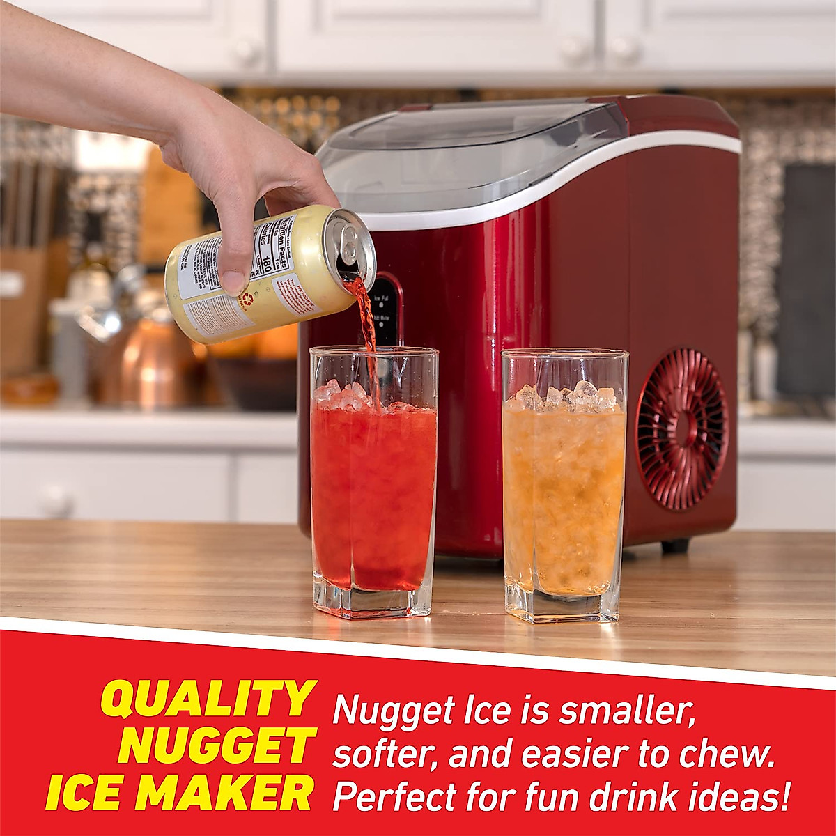 Deco Chef 33LB Per Day Countertop Ice Maker, 1-Click Automatic Operation, Self-Cleaning, Chewable Soft Nugget Ice, Red Stainless