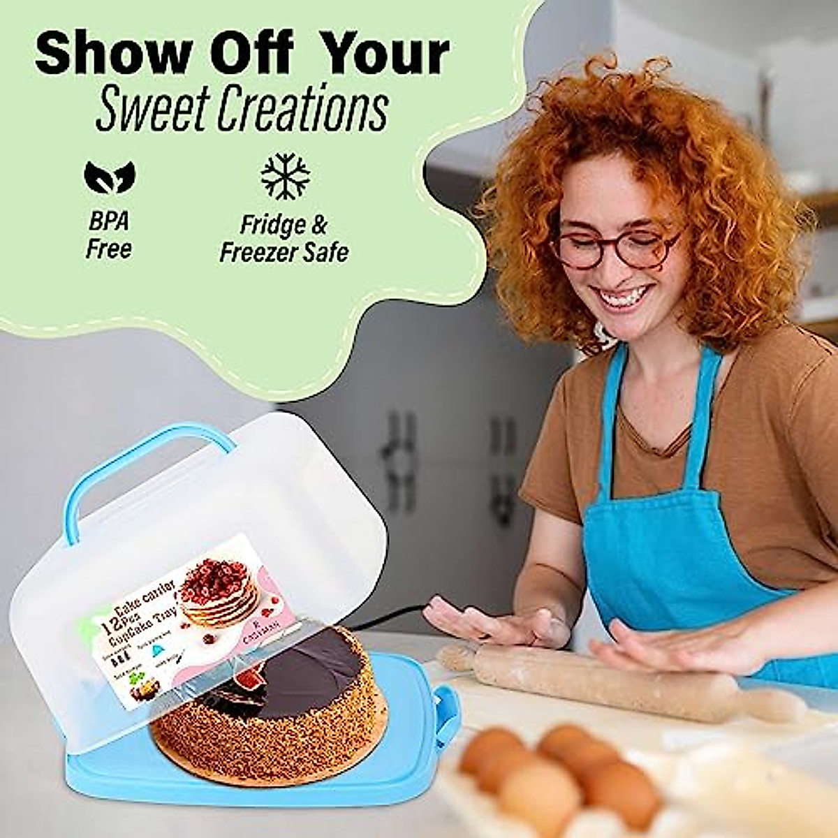 CASYMAR Portable Cake Carrier with 12 Cupcake Holder with Lid- Plastic Cake Containers with Lids Includes Knife & Accessories-Two Sided Base for Snacks Cookies Nuts Fruit etc-Suitable for 12-inch Cake