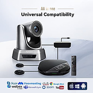 Tenveo All-in-One Video and Audio Conference Room Camera System 10X Optical Zoom USB PTZ with Bluetooth Speakerphone Expansion Microphones for Large Remote Meeting Work with Zoom Skype