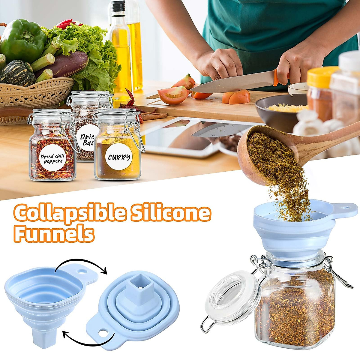 SKOCHE Spice Jars 15 Pack - 4 oz Small Glass Jars with Airtight Hinged Lids, Spice Herb Jars with Labels and Silicone Funnels, 4oz Glass Jars with Lids Ideal for Spice Herbs