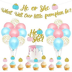 Pumpkin Gender Reveal Party Decoration Fall Baby Shower Banner He Or She Cake Cupcake Topper Pink Blue Balloons Boy Or Girls Sex Announcement Ideas Favor Supplies