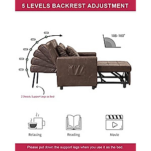 Litbird Convertible Chair Sleeper Bed, Futon Chair Turns Into Bed, Sofa Chair for Living Room, 3 in 1, Imitation Leather, Brown…