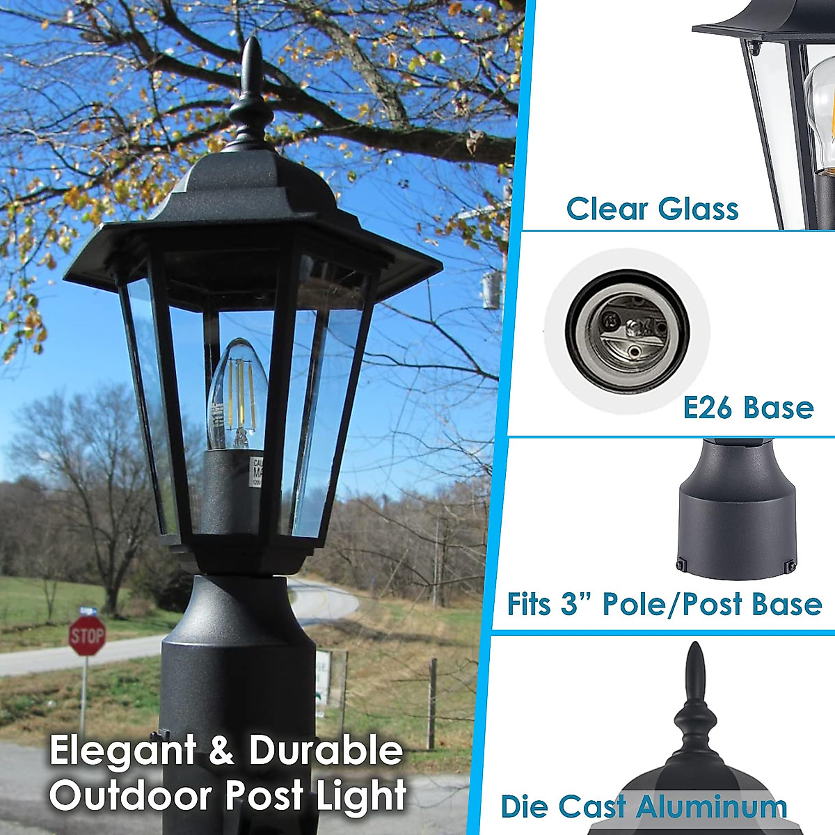 GRUENLICH Outdoor Post Lighting Fixture Pole Lantern, E26 Medium Base Max 60W, Aluminum Housing Plus Glass, Bulb Not Included, Black Finish, 1 Pack