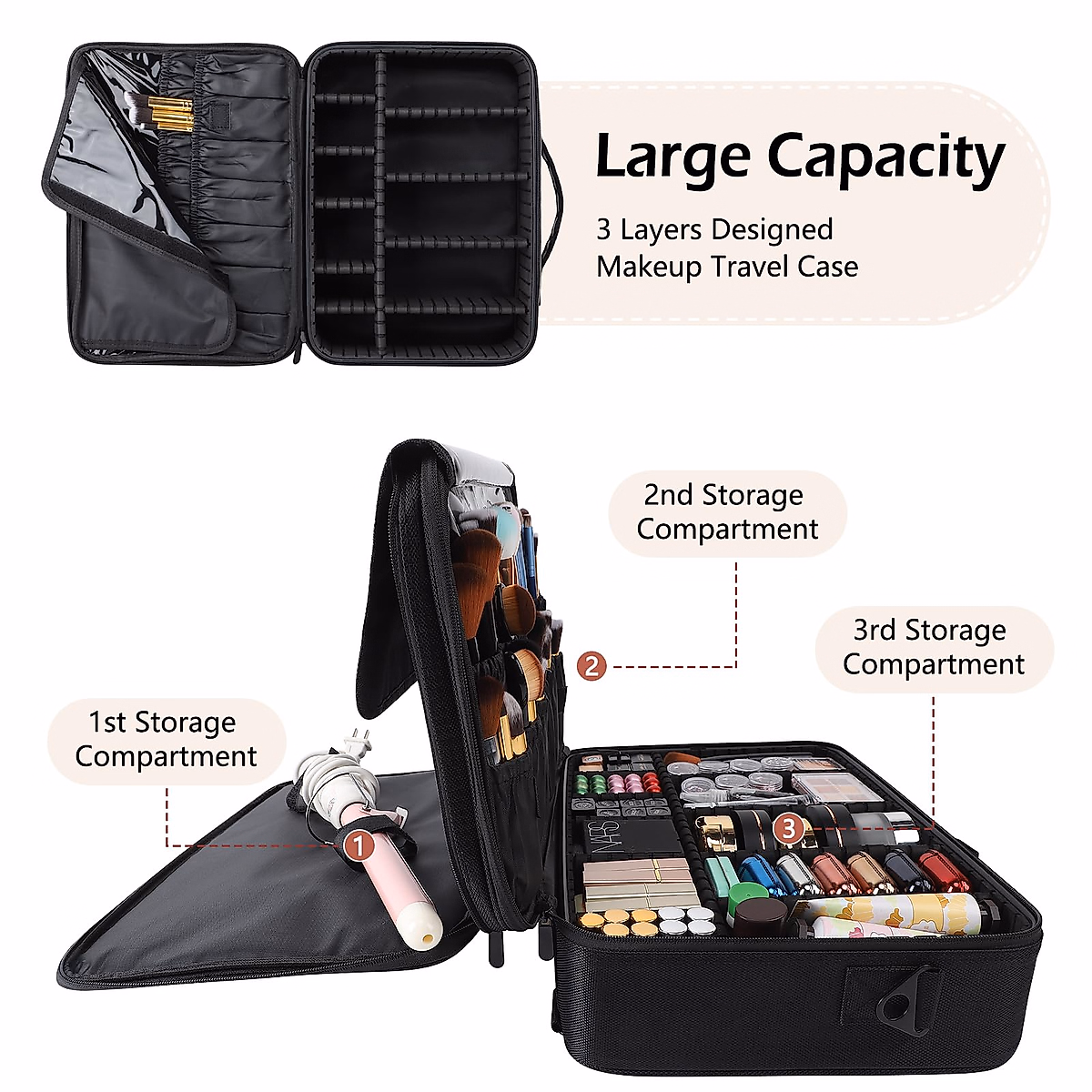 gzcz Large Capacity Travel Makeup Train Case 16.5 Inches Professional Makeup Cosmetic Case Portable Artist Cosmetics Brushs Organizer Storage Bag With Adjustable Dividers And Shoulder Strap (Black)