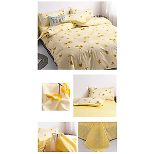 Botanical Duvet Cover Full Yellow Flowers and Grid Floral Garden Pattern Printed on Cream White Bedding Set,Blossom Kawaii Reversible Kids Bedroom Comforter Cover for Teen Toddler,Lightweight,Zipper