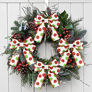 Christmas Wired Ribbon 22 Yards 1.5 Inch Christmas Red Green Dots Ribbon 2 Rolls Christmas Glitter Ribbon Christmas Tree Ribbon Polka Dots Burlap Ribbon for Christmas Decoration, DIY Crafts (White)