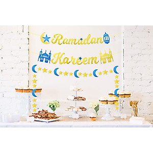 Ramadan Kareem Banner Gold Glitter Ramadan Kareem Decorations for Home, Eid Ramadan Mubarak Festival Party Decoration, Ramadan Banner Moon Star Lantern Garland Mantle Fireplace
