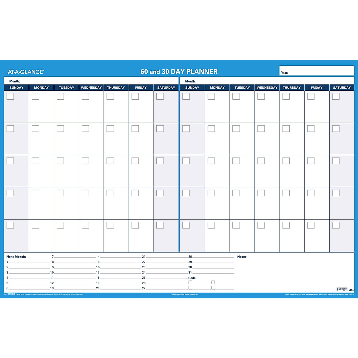 AT-A-GLANCE PM33328 30/60-Day Undated Horizontal Erasable Wall Planner, 48 x 32, White/Blue,