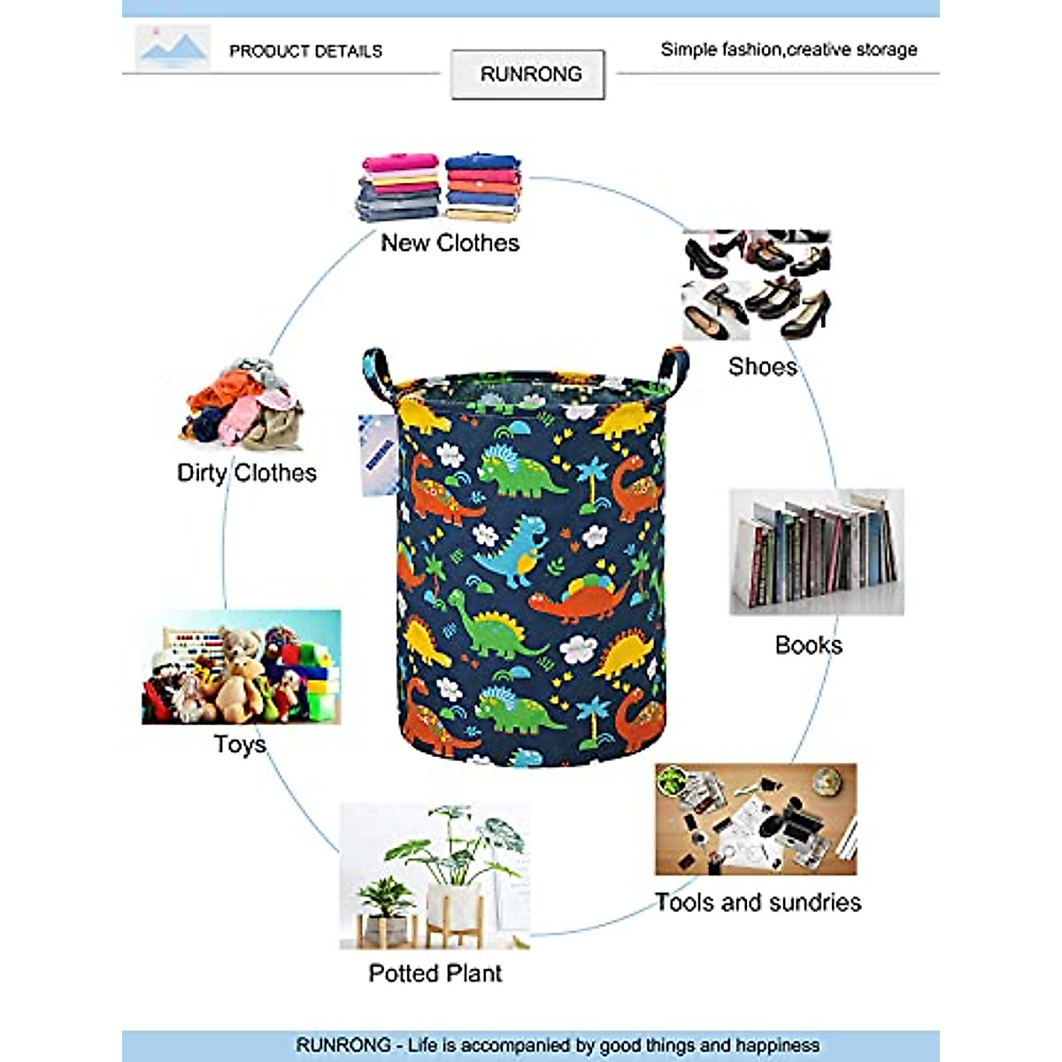 CherryPig RUNRONG Large Size Round Storage Basket Foldable Waterproof Canvas Laundry Hamper with Handles Nursery Organizer for Bedroom/Living Room/Bathroom(Round Dinosaur Paradise)