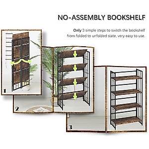 4NM No-Assembly 4 Tiers Folding Bookshelf Storage Shelves Vintage Bookcase Standing Racks Study Organizer Home Office - Rustic Brown and Black
