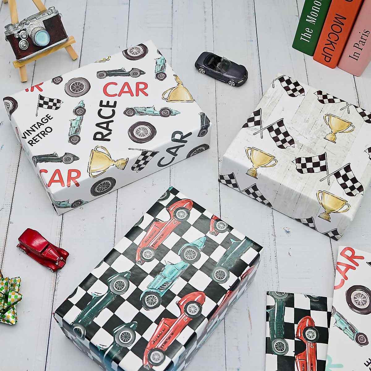 Vnaaem 8 Pc Race Car Wrapping Paper - Birthday Wrapping Paper for Kids Boys - Vintage Retro Car Gift Wrap for Christmas Birthday Baby Shower Holiday 19.6 X27.8Inch