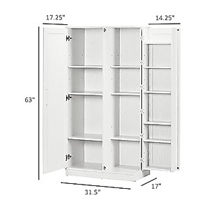 HOMCOM 63" Kitchen Pantry Storage Cabinet, 14-Tier Freestanding Kitchen Cupboard with 2 Doors, Adjustable Shelves for Living Room, Dining Room, White