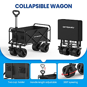 OFFBAIKU Collapsible Folding Wagon with 330lbs Weight Capacity Wagon Cart Heavy Duty Foldable with Big All-Terrain Wheels Beach Wagon Utility for Beach,Sand,Camping,Black