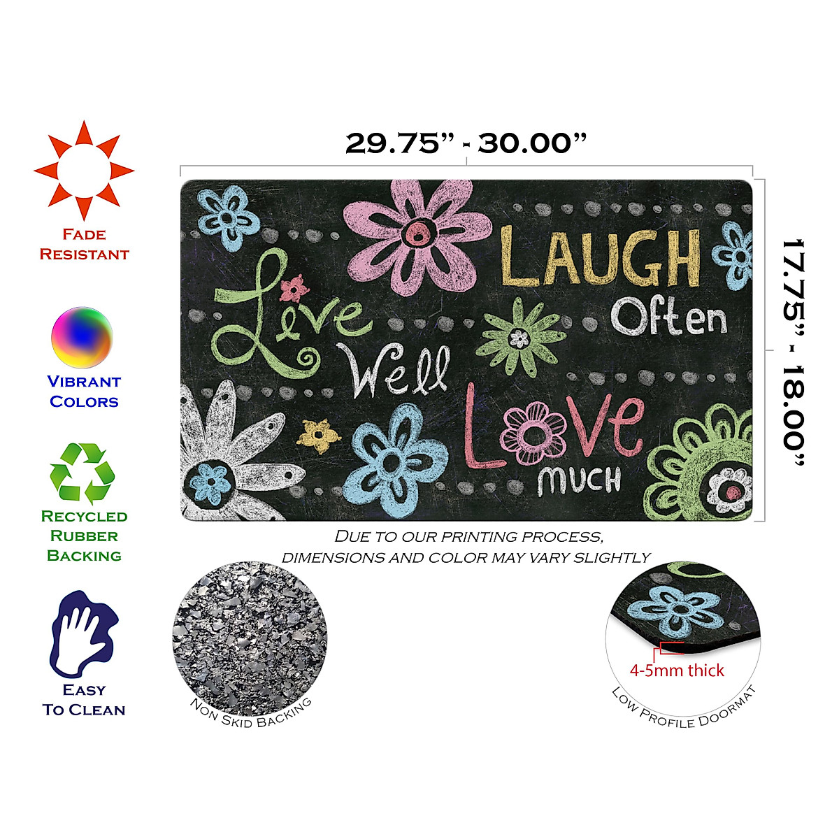 Toland Home Garden 800184 Live Laugh Love Chalkboard Flower Door Mat 18x30 Inch Outdoor Doormat for Entryway Indoor Entrance