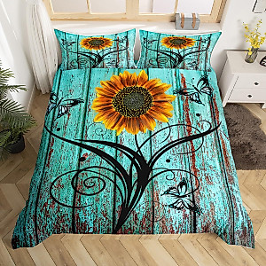 Adults Rustic Farmhouse Floral Duvet Cover Queen Country Butterfly Sunflower Bedding Set For Women Men Retro Grunge Turquoise Barn Door Comforter Cover Spring Nature Flower Botanical Bed Set 3 Pcs