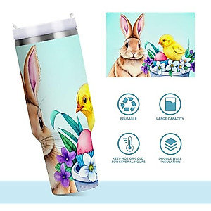 ODAWA 40oz Fall Insulated Tumbler with Handle and Straw Lid, Floral Rabbit Chicken Double Wall Insulated Tumbler