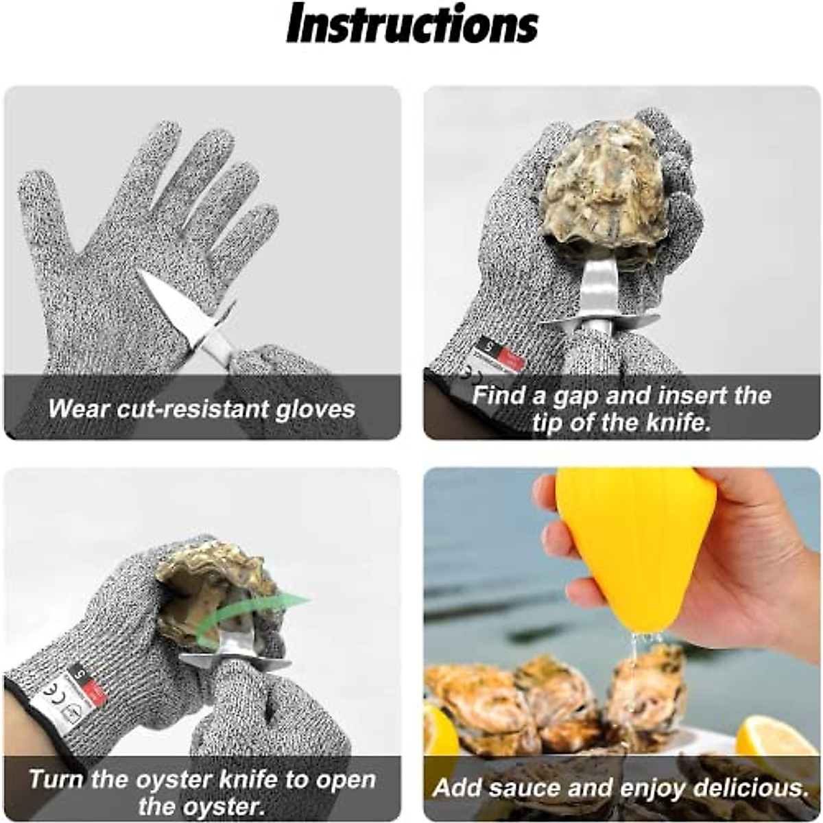 2 Pcs Oyster Shucking Knife, Level 5 Protection Oyster Shucking Gloves, Oyster Shucking Kits with Lemon Squeezer, Seafood Opener Kit Tools Gift