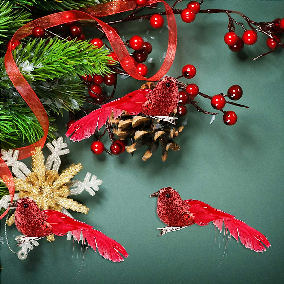 WDDH 12Pcs Artificial Christmas Cardinal Birds, 6inch Glitter Mini Foam Red Christmas Birds with Long Tail Feather, Clip-on Christmas Tree Ornament Small Bird Figurine for Home Garden Wedding Decor