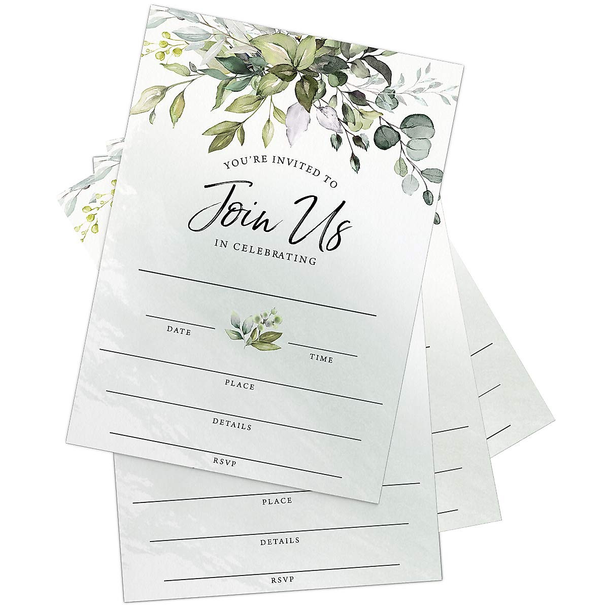 Printed Party Fill-in Invitations and Envelopes, Eucalyptus Greenery, Set of 25