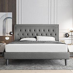 Allewie Queen Size Bed Frame Upholstered Platform Bed with Adjustable Headboard, Button Tufted, Wood Slat Support, Easy Assembly, Light Grey