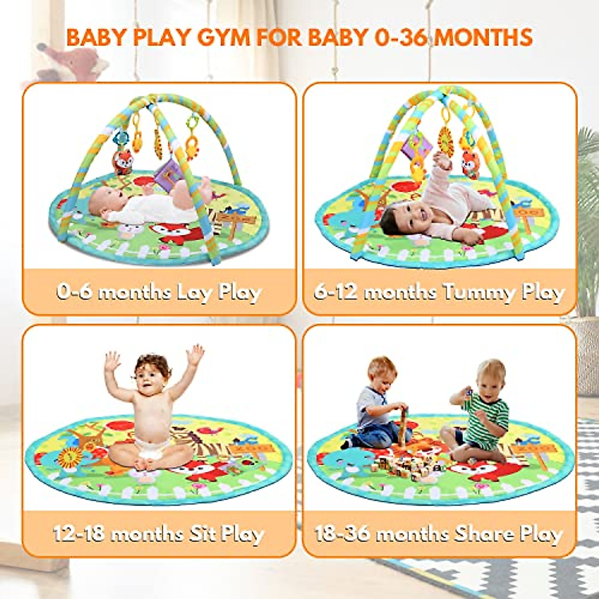 Kirumie Baby Play Gym, Baby Play Mats for Babies and Toddlers with 5 Toys. Visual, Hearing, Touch, Cognitive Development Baby Tummy Time Activity Mat, Gift Idea for Newborns with Storage Bag.