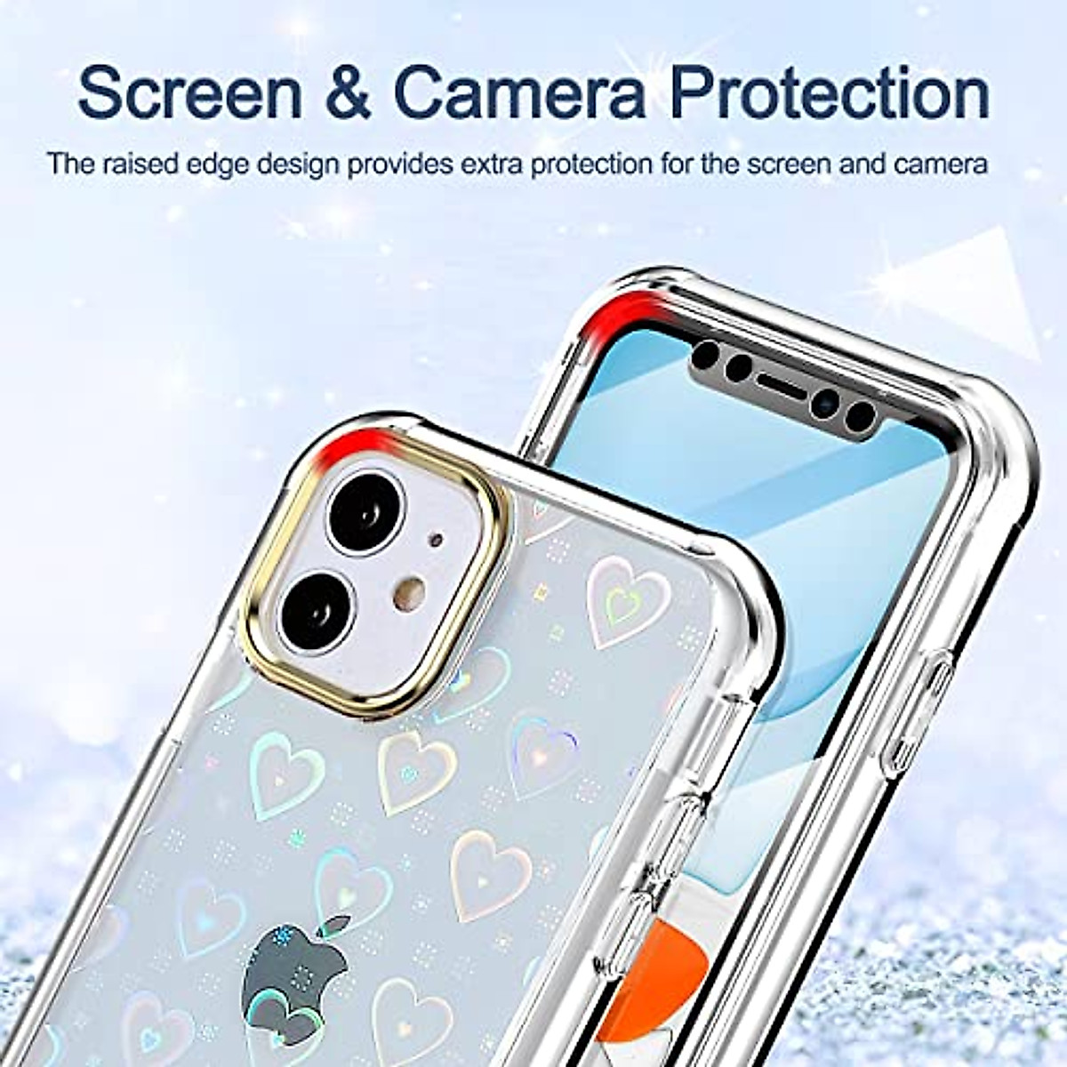 GAN Cheng Compatible with iPhone 11 Case 6.1" 2019 with Screen Protector, Shockproof TPU and Hard PC Cute Bling Glitter Sparkle Protective Case for Women & Girls - Clear Holographic Heart