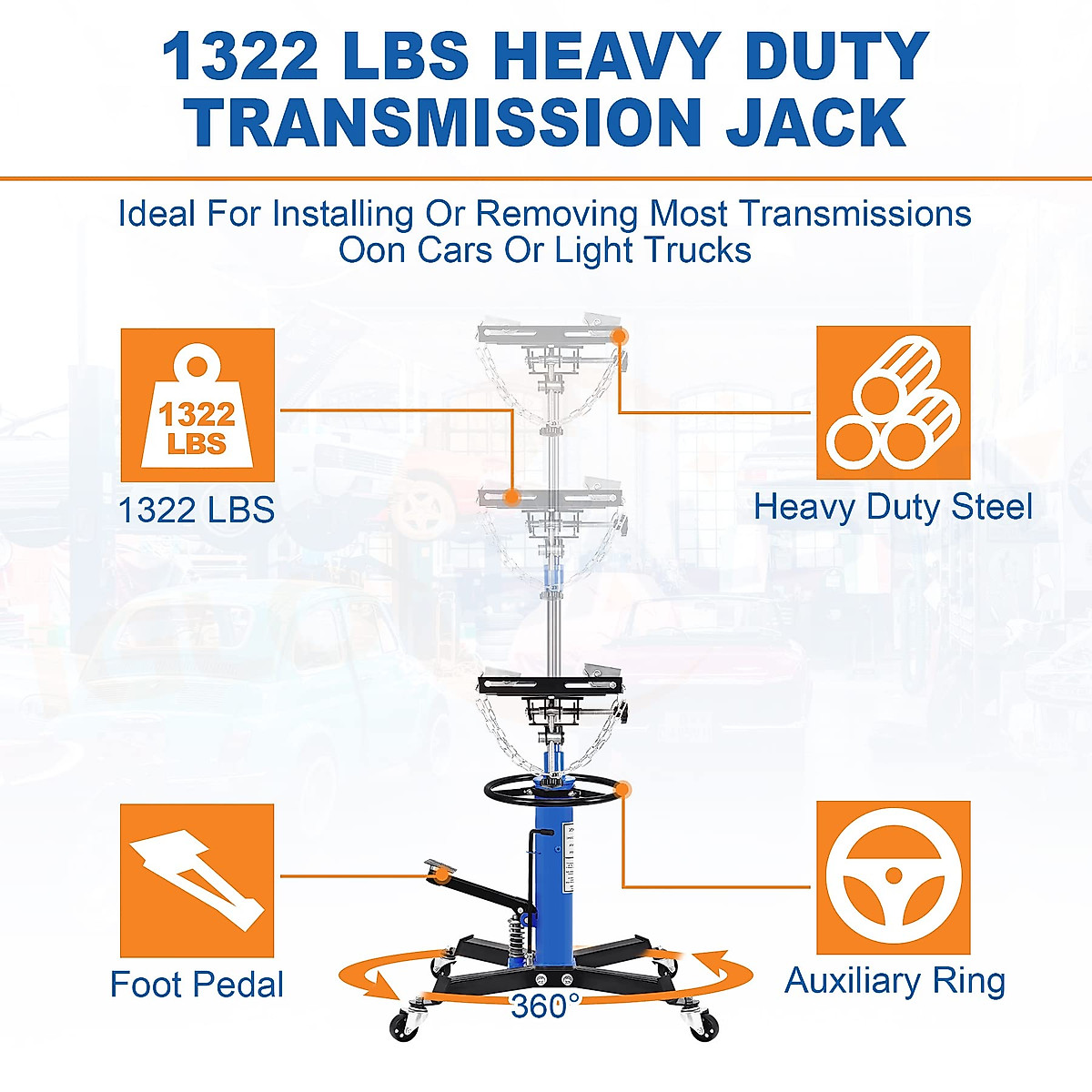 Iglobalbuy Transmission Jack Lift 1322lbs, 2 Stage Adjustable Telescoping Hydraulic Transmission Jack, High Lift Dual Telescopic Trans Jacks Hoist w/Pedal, 34" to 68" Lifting Range