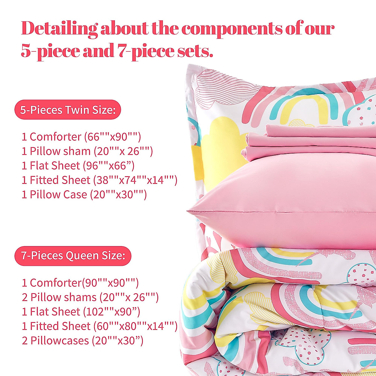 Sonive Girls Twin Comforter Set, Breathable, 5 Pieces with 1 Comforter(66"x90"), 1 Fitted Sheet, 1 Flat Sheet, 1 Pillow Sham, 1 Pillowcase Gift Choice, Rainbow Unicorn