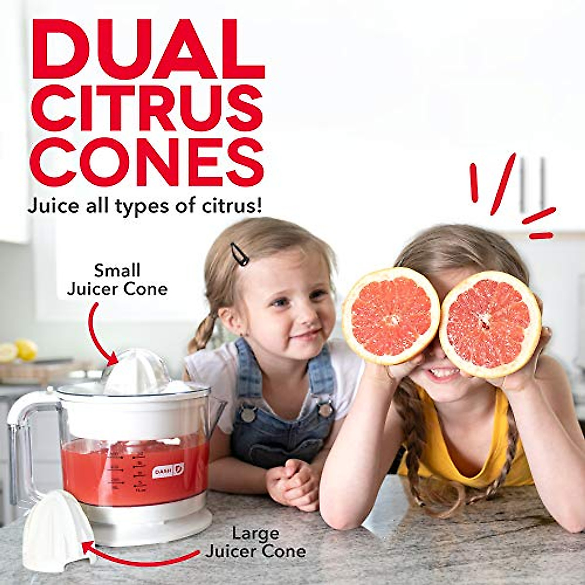 Dash Citrus Juicer Extractor: Compact Juicer for Healthy Juice, Oranges, Lemons, Limes, Grapefruit & other Citrus Fruit with Easy Pour Spout + 32 oz Pitcher - White