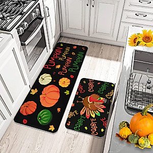 ASPMIZ Thanksgiving Fall Kitchen Mats Set of 2, Fall Pumpkin Kitchen Mats for Floor, Washable Turkey Kitchen Runner Rug with Non Slip Rubber Backing, Fall Rugs Indoor Decor, 18'' x 30'' + 18'' x 48''