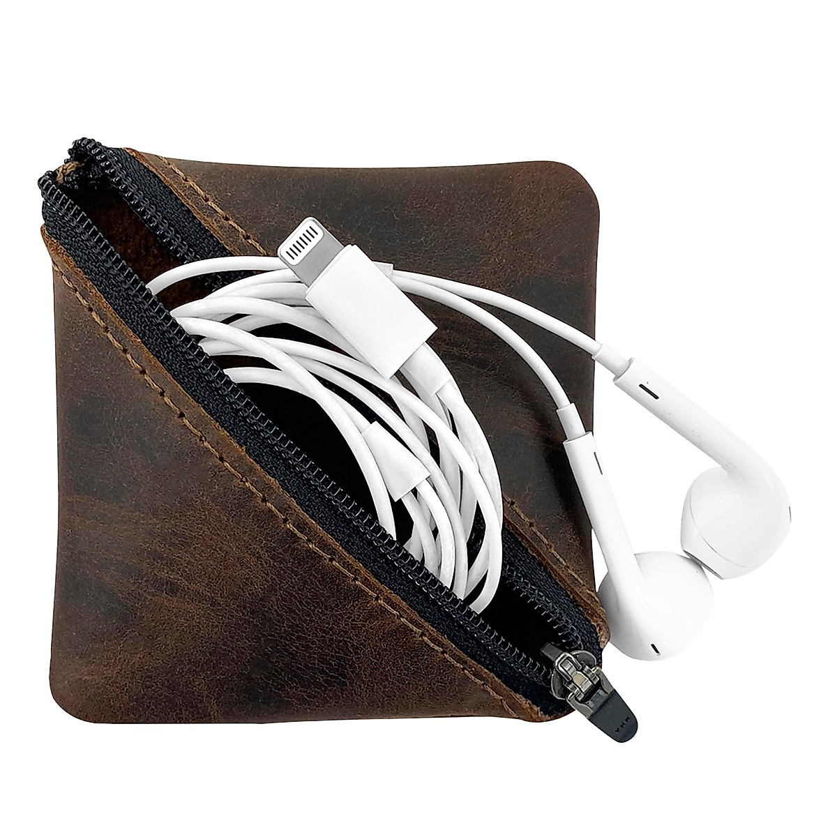 Hide & Drink, Slash Zippered Pouch, Change Holder and Storage for Pocket and Purse Organization with Zipper, Full Grain Leather, Handmade, Bourbon Brown