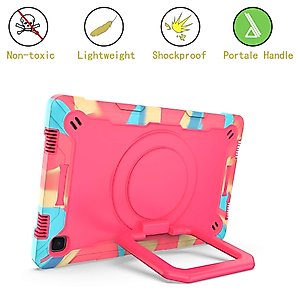 TDA Trading Case for Samsung Galaxy Tab A7 10.4" 2020 (SM-T500/ SM-T503/ SM-T505/ SM-T507) - Hybrid Shockproof 360 Rotating Multi-Functional Ring Stand Case with Shoulder Straps (Multicolor/Pink)
