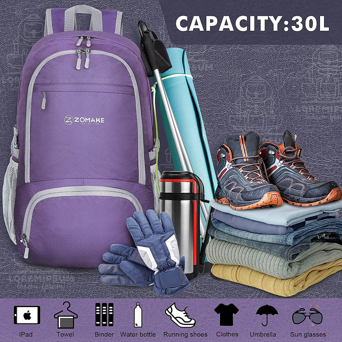 ZOMAKE Lightweight Packable Backpack 30L - Foldable Hiking Backpacks Water Resistant Compact Folding Daypack for Travel(Purple)