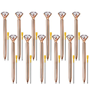 Coopay 12 Pieces Big Crystal Diamond Pens Rose Gold Pens Metal Ballpoint Pens and 12 Pieces Ballpoint Pen Refills in Black Ink for School Office
