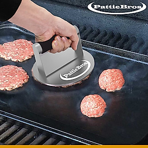 PattieBros Stainless Steel Burger Press 6.2in | Hamburger Press with Rubber Handle | Smash Burger Press for Griddle | Burger Smasher Grill Press | Meat Press | Griddle Accessories Kit | Grill Press