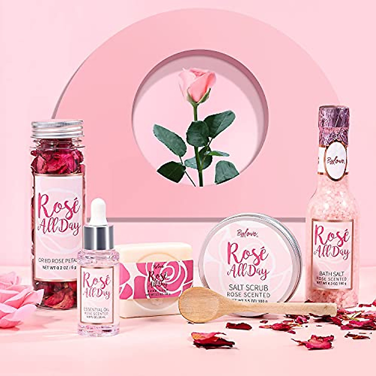 BFF LOVE 6Pcs Spa Gifts for Women, Bath Gift Set, Rose Gift Baskets for Women, Spa Kit with Essential Rose Oil, Bath Salt, Soap, Natural Petals, Mothers Day Gifts for Her
