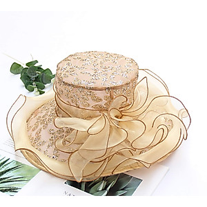 ORIDOOR Women?s Organza Church Kentucky Derby Tea Party Wedding Fascinator Hat UV-Anti Wide Brim Sun Hats, A Gold, One Size