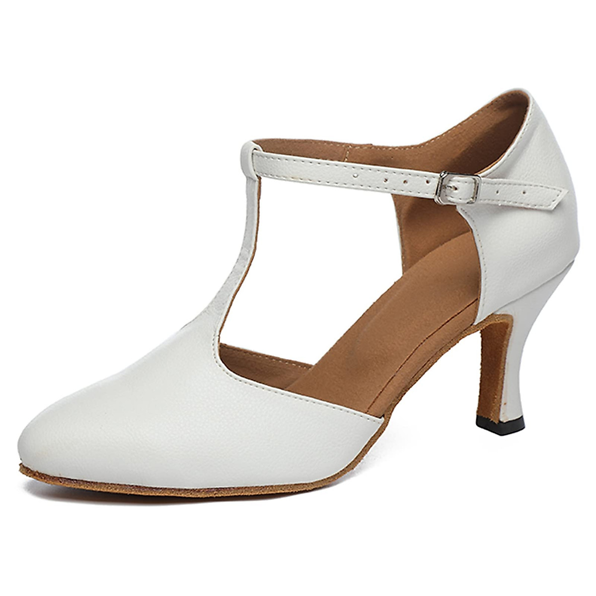 Honeystore Women's T-strap Ballroom Solid Dance Shoes Latin White 9.5 B(M) US