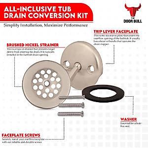 Trip Lever Tub Trim Kit Set with Two Hole Overflow Face Plate, Trip Lever Bathtub Drain with Strainer, Overflow and Matching Screws - Brushed Nickel
