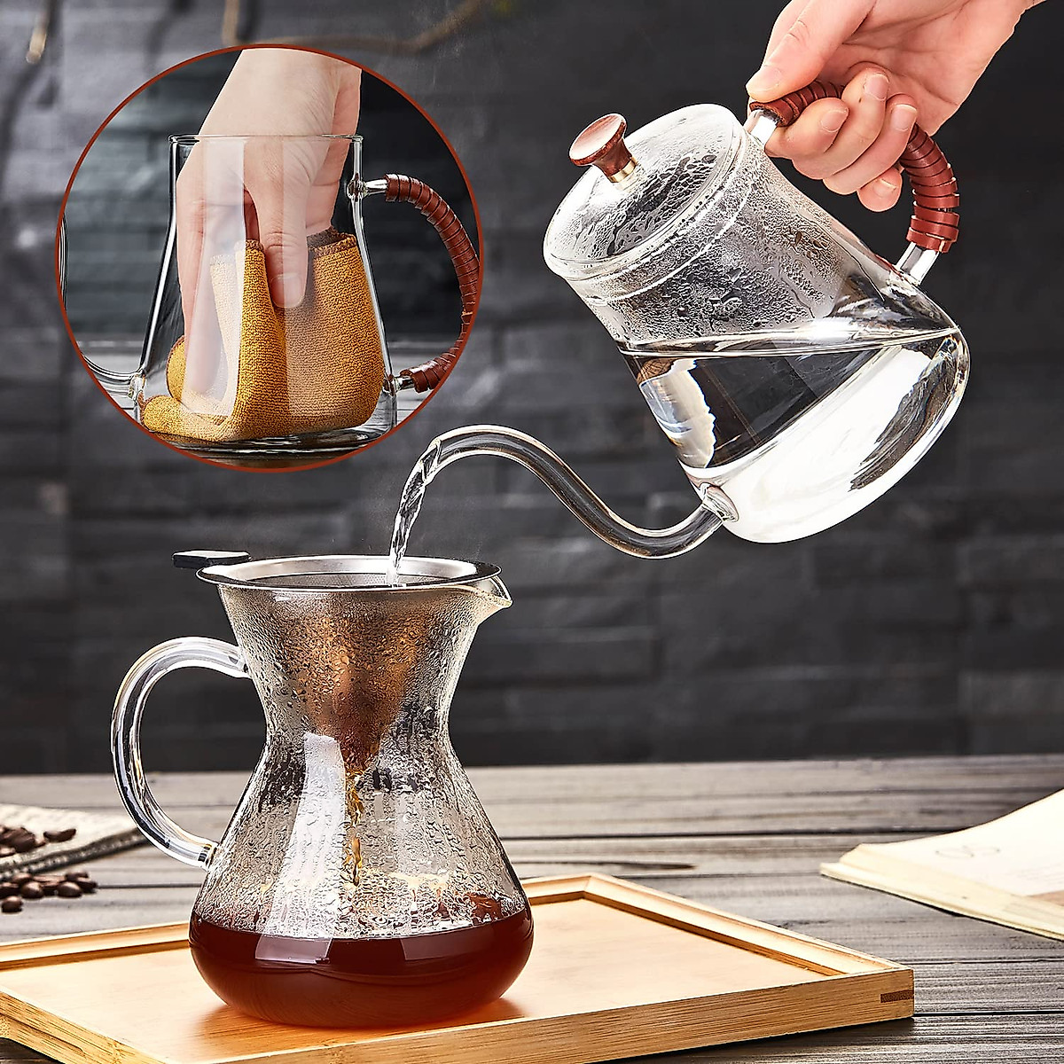 Unbreakable Gooseneck Kettle for Drip Coffee 20OZ Pour Over Coffee Kettle Tea Kettle for Stove Top,600ml/20oz Glass Coffee Kettle with Lid,Water Kettle Coffee Pot