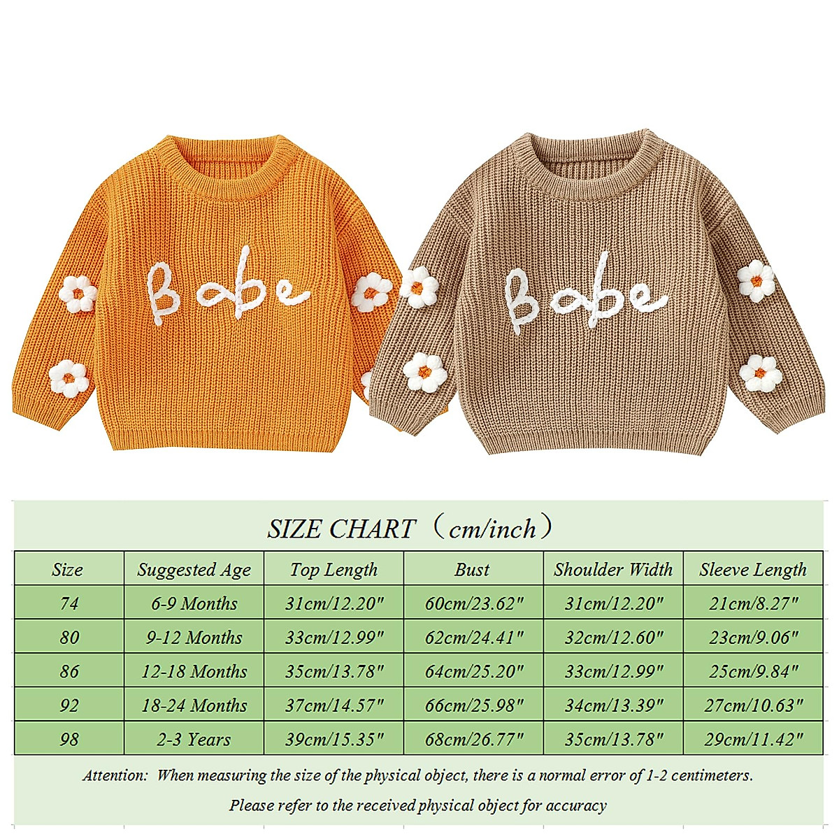 Baby Girl Cable Knit Sweater Long Sleeve Boho Floral Embroidery Oversized Sweatshirt Warm Fall Winter Clothes (Khaki-Babe, 6-9 Months)