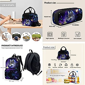 Renewold 3 Pack Galaxy Wolf Print Kids Backpack Set Child Teens Bookbag Student Book Bag Set Daypack with Lunch Box Pencil Case Set for Primary Middle School Girls Boys Lightweight