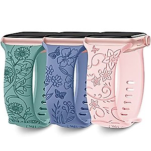 3 Pack Floral Engraved Bands Compatible with Apple Watch Band 40mm 41mm 38mm 42mm 44mm 45mm 49mm Women,Soft Silicone Cute Wildflowers Sport Laser Strap for iWatch Bands Series Ultra SE 8 6 5 4 3 2 1