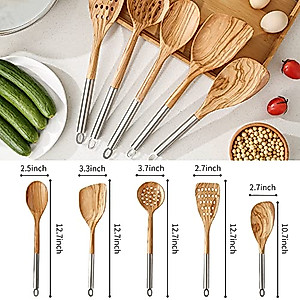 Olive Wooden Spoons for Cooking, NAYAHOSE 5 Pcs Cooking Utensils Set with Stainless Steel Handle, Heat-Resistant Olive Wood Spatulas for Non-Stick Pan