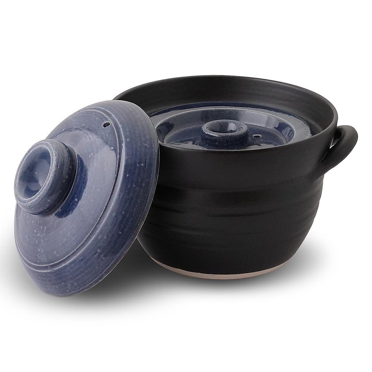 Banko-ware Donabe Japanese Earthenware Rice Pot with Double-Lid Technology – Elegant Jet-Black & Blue Design – Ensures Fluffy Rice Every Time – Includes English Manual – Made in Japan (3-5 per)