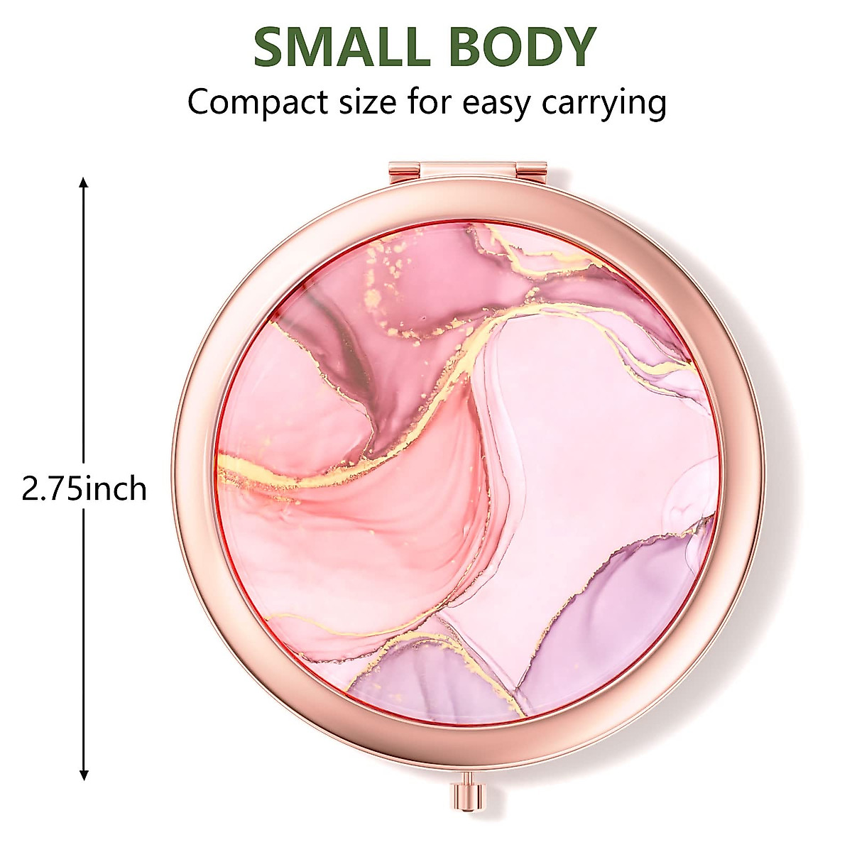 Nipichsha Compact Mirror, Pocket Travel Makeup Mirror, 2-Sided 2X/1X Magnification Compact Mirror, Small Folding Portable Handheld Mirror for Purses, Gift for Mom Women, 2.75In Rose Gold(Pink Marble)