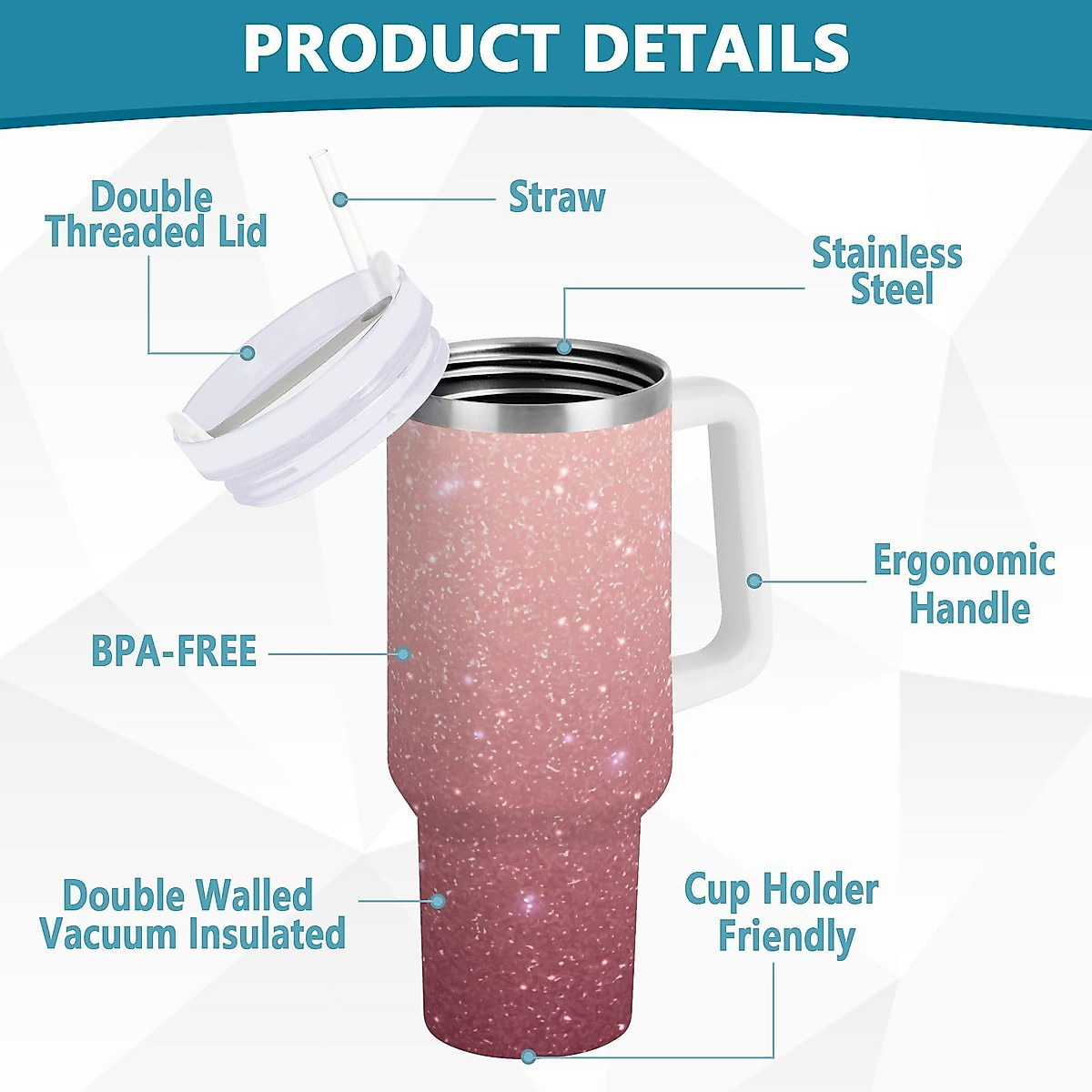 Rose Gold Glitter Sparkle 40 oz Tumbler with Handle and Straw Lid, Sequins Insulated Coffee Cup Reusable Stainless Steel Water Bottle Travel Mug Cupholder Friendly,Gifts for Women Men
