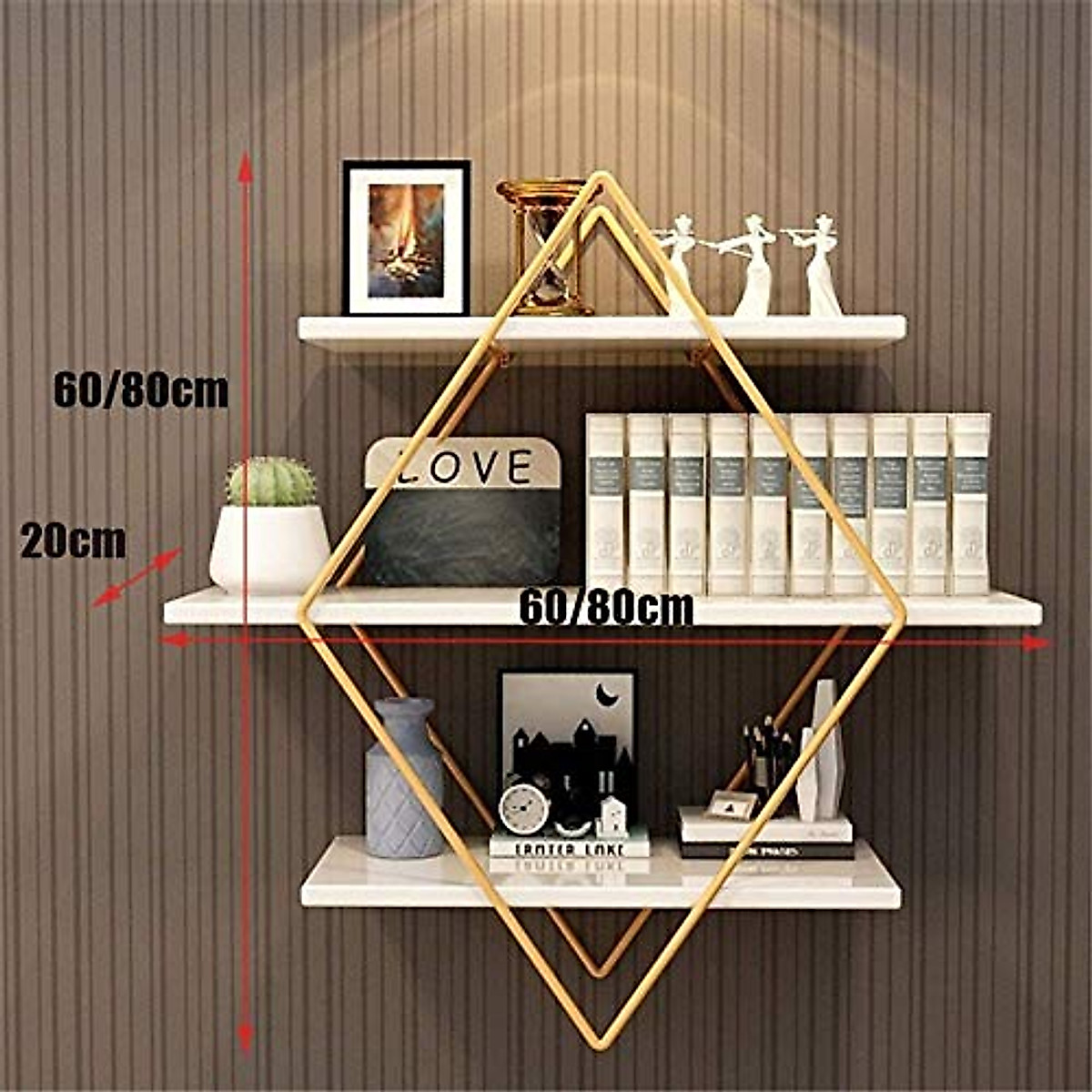 PIBM Stylish Simplicity Shelf Wall Mounted Floating Rack Shelves Rhombus Iron Art Solid Wood Bookshelf Flower Stand Living Room Save Space,2 Sizes,3 Layers, White , 60x20x60cm