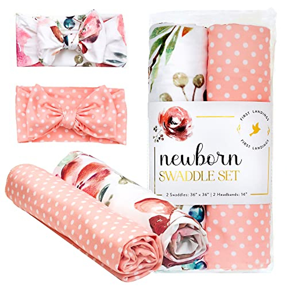 First Landings Newborn Swaddle Set - Matching Headband and Baby Blanket (Set of 2 Each) 36" x 36" Receiving Baby Blanket Boy and Girl - for Newborn Photography, Nursing Covers, Burp Cloths (Rose)